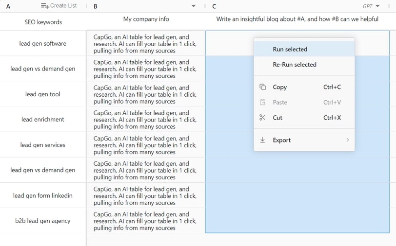 CapGo: Research, Lead Gen in AI Spreadsheet